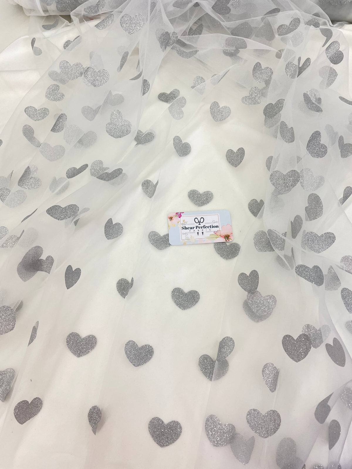 Tulle - White with Glitter Hearts — Shear Perfection Fabric